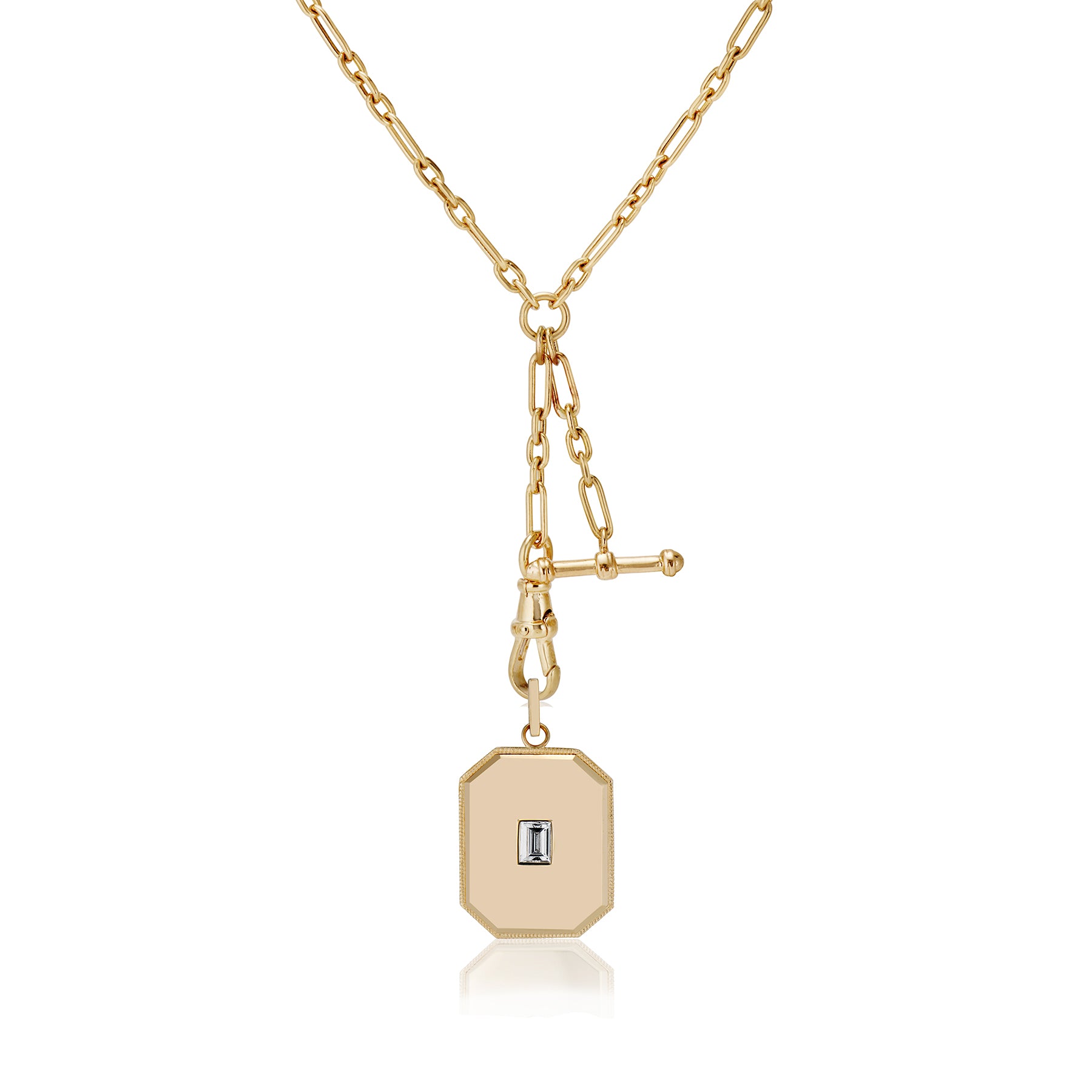 Large Gold Diamond Baguette Cut Bezel Charm and Eames Albert Chain ...